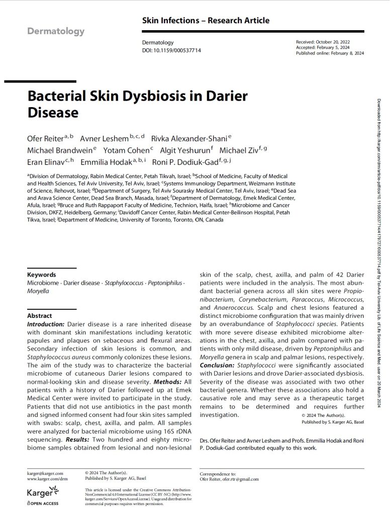Bacterial Skin Dysbiosis in Darier Disease - ד"ר עופר רייטר אגר